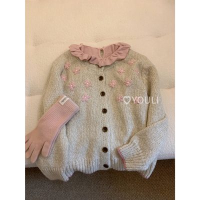 YOULI尤梨韩系复古手工提花针织开衫圆领单排扣针织上衣毛衣
