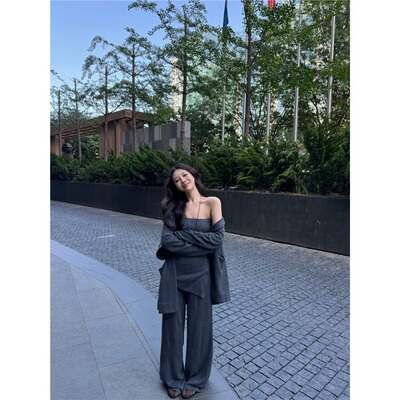 PPHOME慵懒针织开衫女不规则抹胸背心秋季宽松拖地裤子三件套