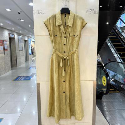柏菲尔BFE-B27127 单排扣开衫式系带收腰翻领提花天丝中长连衣裙