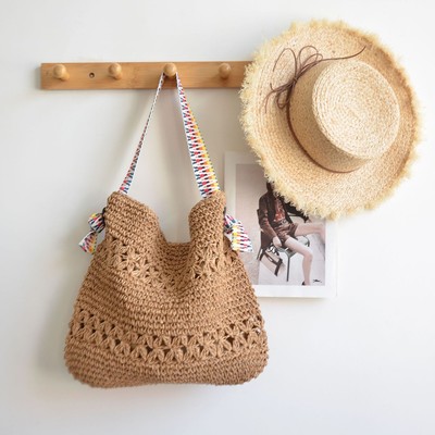 夏季大容量草编女包花带子复古民风美拉德色系编织包菜篮子女包