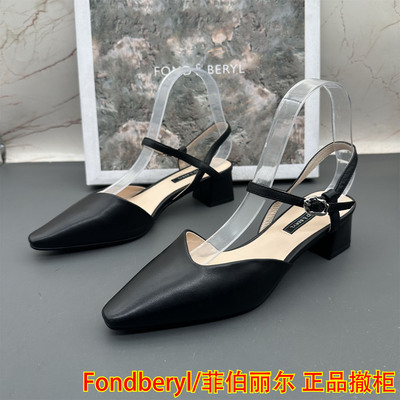 Fondberyl/菲伯丽尔撤柜断码羊皮女鞋中空尖头中跟粗跟扣带凉鞋