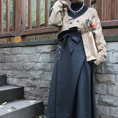 重檐 羊毛混纺改良宋制条纹三裥裙唐制垂领衫 冬季日常暖汉服元素