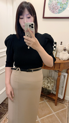 法式黑色圆领针织衫女秋泡泡袖修身弹力上衣短款内搭打底衫毛衣