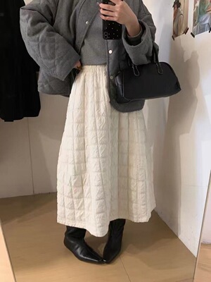 韩系2025秋季新款小众设计夹棉绗缝A字半身裙松紧腰宽松棉裙