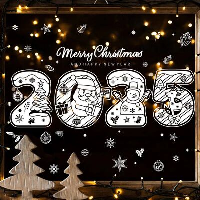 1pcs Merry Christmas Window Stickers 2025 Santa Claus Snowma