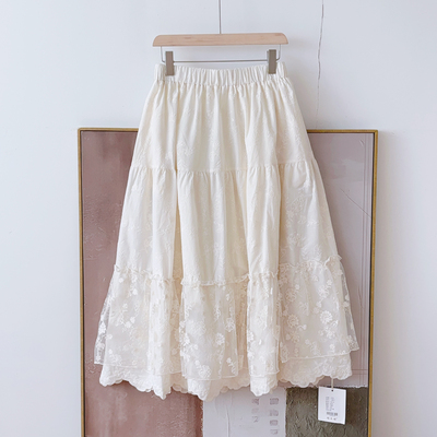 2025春季新森日系松紧腰宽松文艺百搭拼接蕾丝花边棉布半身裙9376
