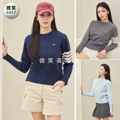 高尔夫女圆领条纹防风长袖针织衫