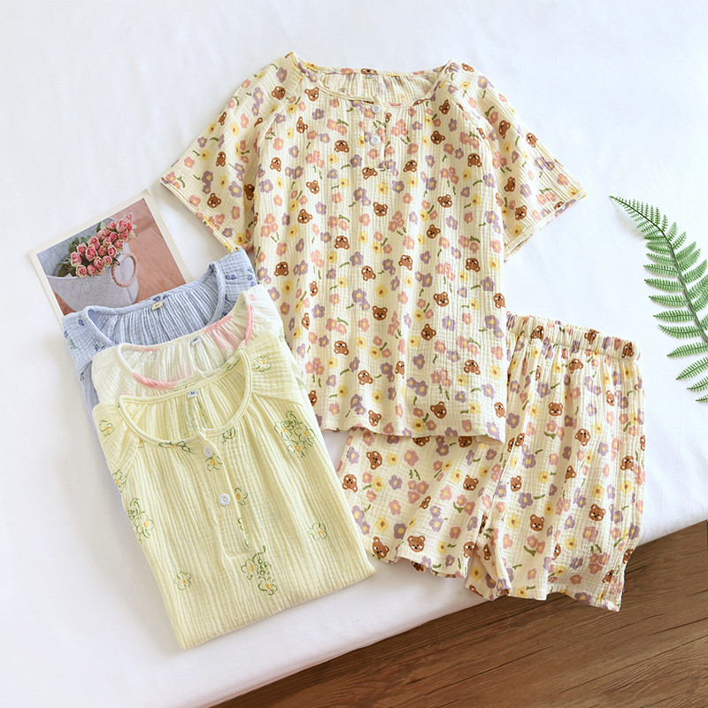 纯棉纱布睡衣女夏季薄款双层绉布宽松套头全棉短袖短裤家居服套装