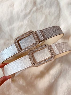 超美珍珠白三文鱼皮女腰带