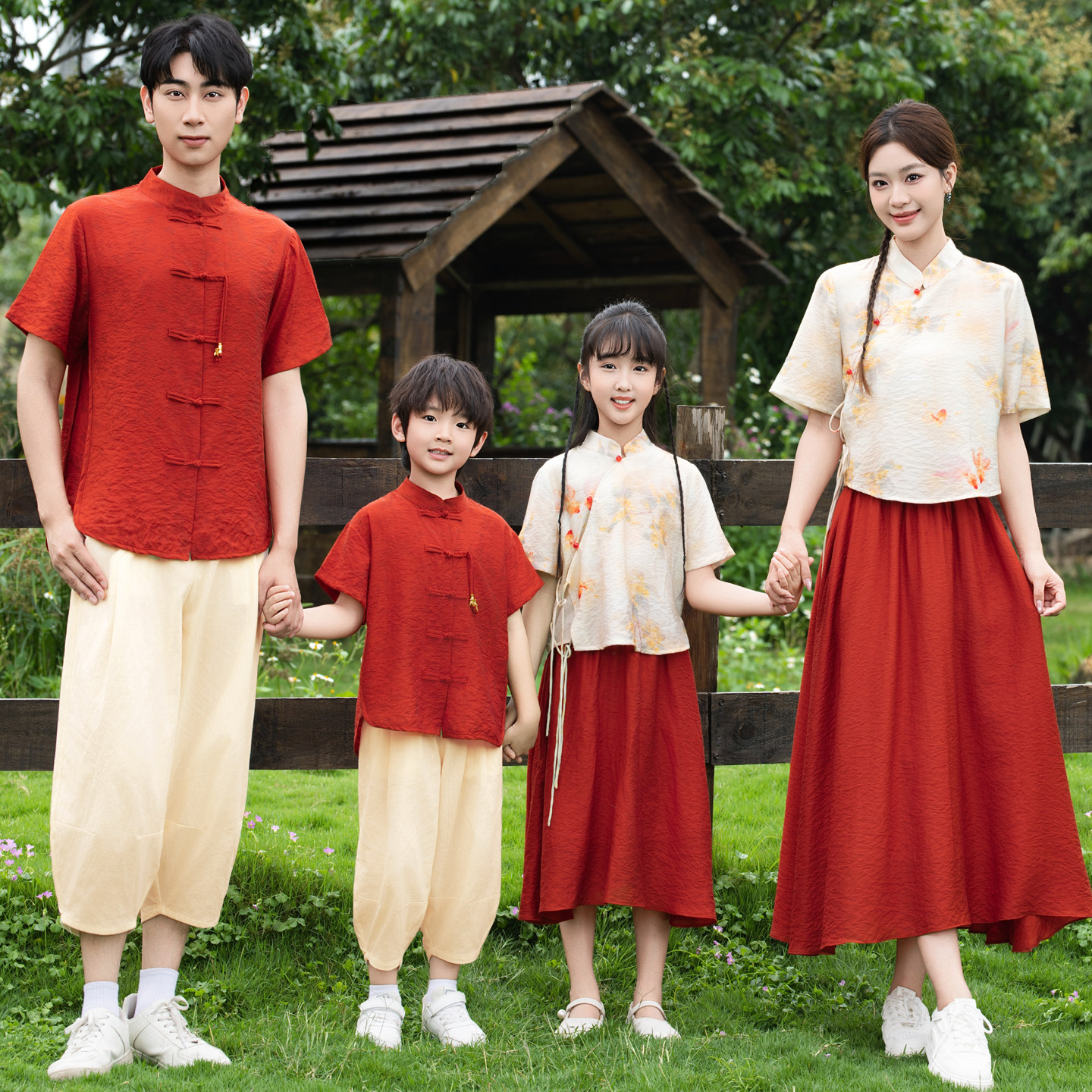 亲子装夏季新中式汉服短袖衬衫一家三四口家庭套装活动表演园服春