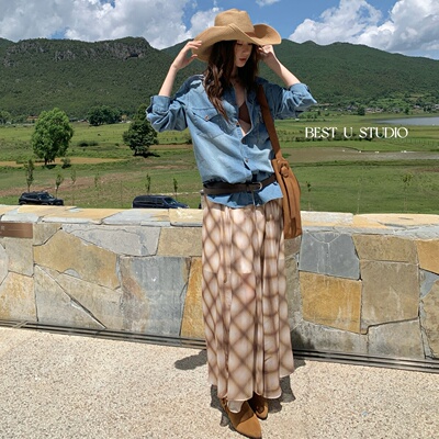 BestU复古格纹印花半身裙女