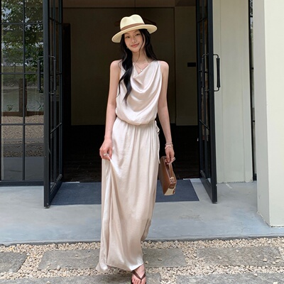 TCCW简约风荡领长裙女夏季新款