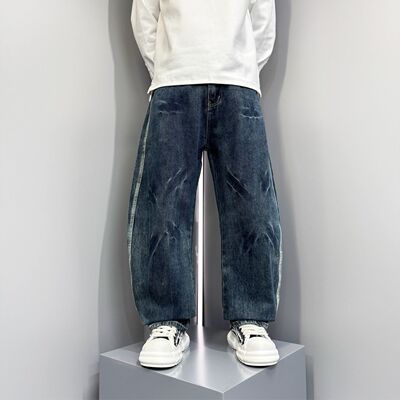 2025秋冬新款美式高街痞帅牛仔裤潮流男士宽松直筒拼接阔腿长裤子