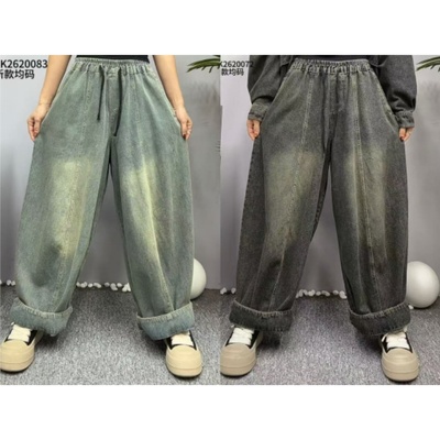 复古做旧松紧腰抽绳系带牛仔裤女