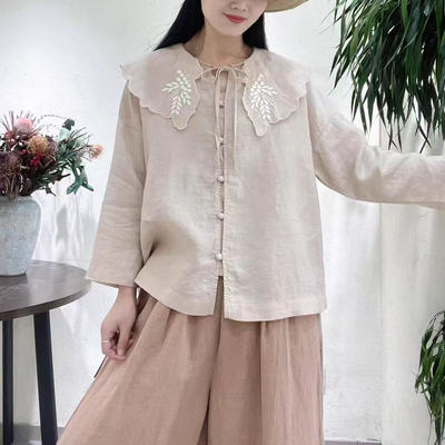 领口系带娃娃领减龄刺绣苎麻衬衫