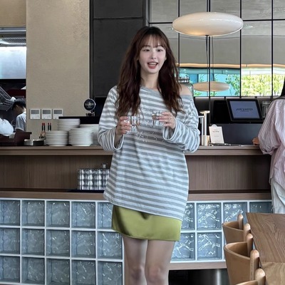 nocontent烫钻条纹长袖T女休闲潮