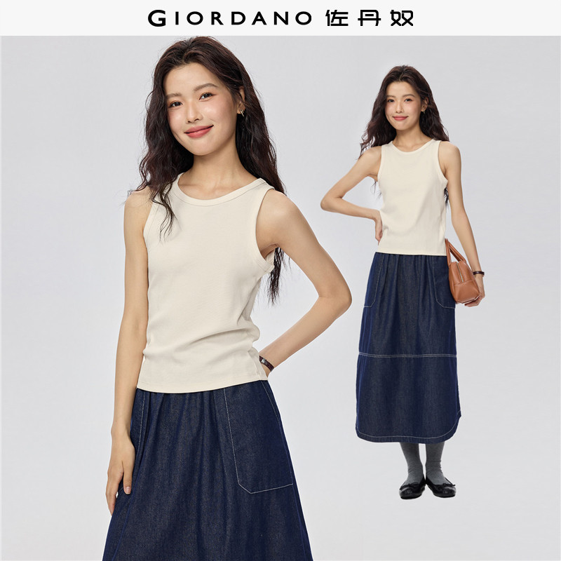 佐丹奴背心女新款纯色简约风坑条针织修身圆领无袖t恤女13324209