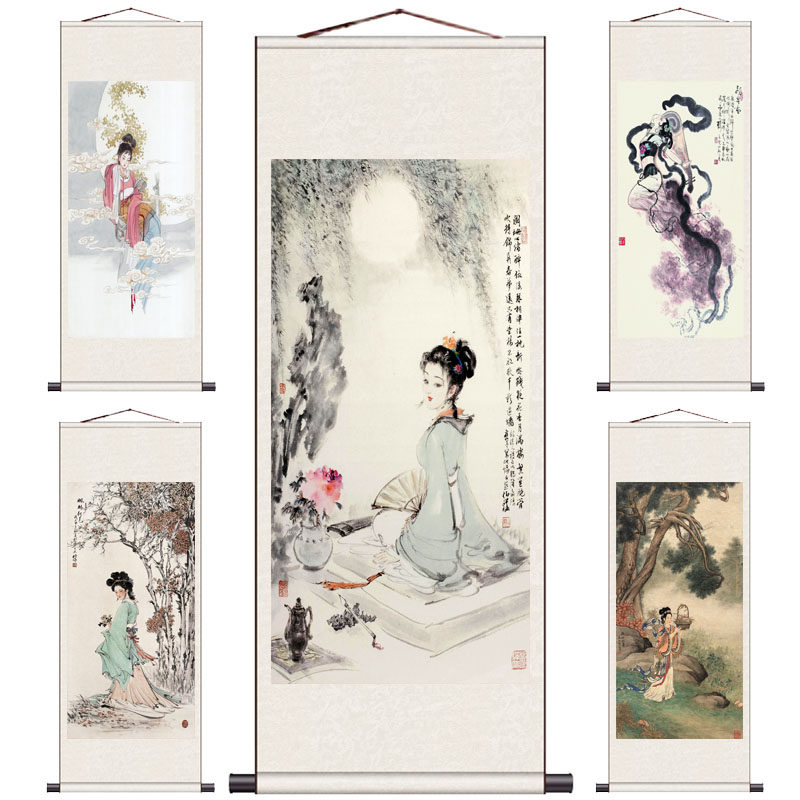 古典仕女图月光执扇仕女影楼茶楼背景装饰画条幅卷轴画丝绸挂画壁