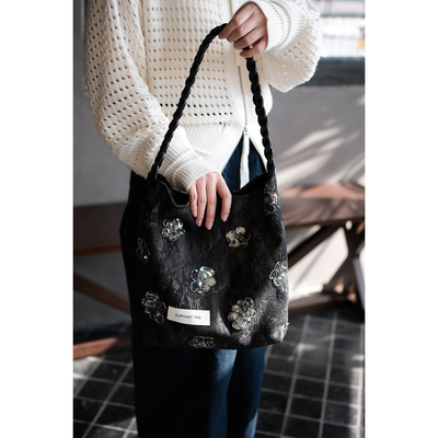 银珠片花朵黑蕾丝时尚单肩包