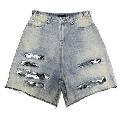 Cseven水洗刀割破坏牛仔七分裤假两件迷彩内衬复古baggy宽松男