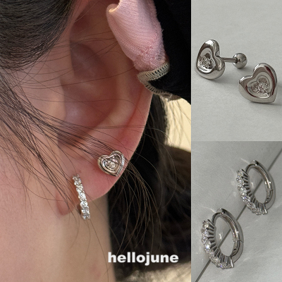 hellojune s925通体925银 基础排钻圆形耳圈爱心光泽感小众耳骨钉
