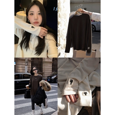 日韩3940# 张贝贝ibell270克双面糯米绒打底衫女长袖上衣冬