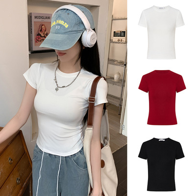 billkong掐腰红色正肩t恤夏季新款黑色短袖女短款辣妹长袖打底衫