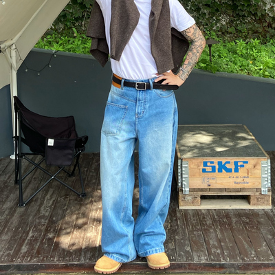 INTENSE复古不对称解构宽牛仔裤