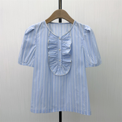 fei●2026夏季新品 条纹衬衫女荷叶边设计感宽松显瘦短袖上衣6244