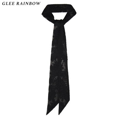 Glee rainbow神秘黑真丝顺纡褶皱超薄绣花柔软小丝巾围巾