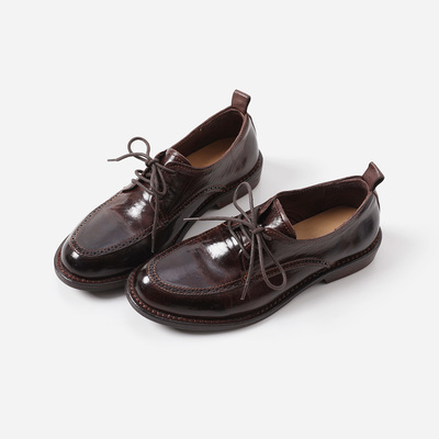 ED08049 茉莉雅集 复古水洗马皮系带深口单鞋布洛克小皮鞋乐福鞋