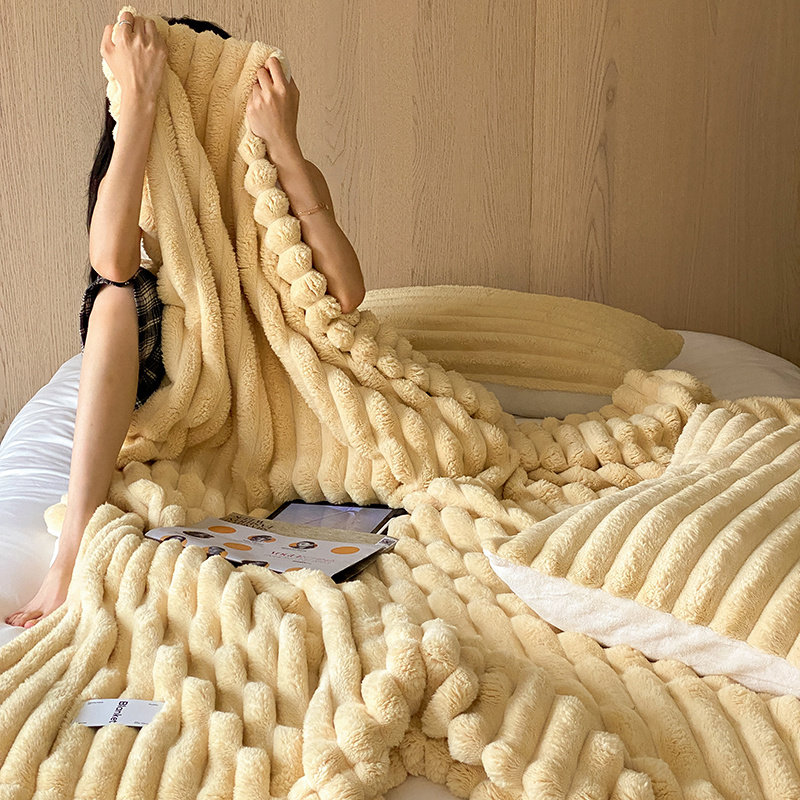 简约立体毛毯秋冬保暖仿兔绒毯子纯色加厚双层午睡毯沙发卧室盖i.