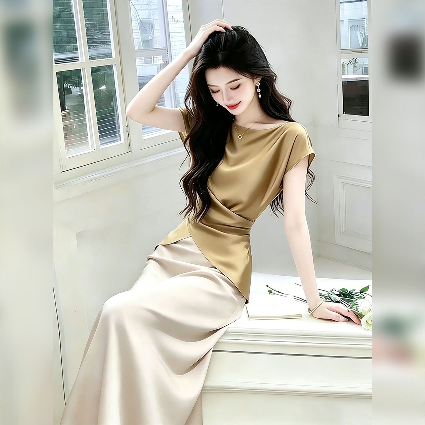 杰雅服饰姜黄色不规则上衣杏色半身裙套装女时尚休闲简约修身套装