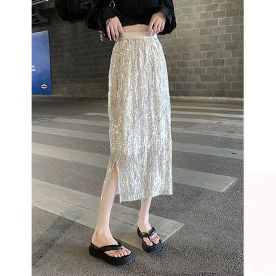 加大码亮闪闪开叉半身裙女2025夏季新款高腰气质小个子显瘦中长裙