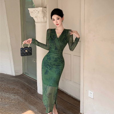 6993东南亚跨境外贸女装批发吊带内搭+开叉网纱包臀连衣裙两件套