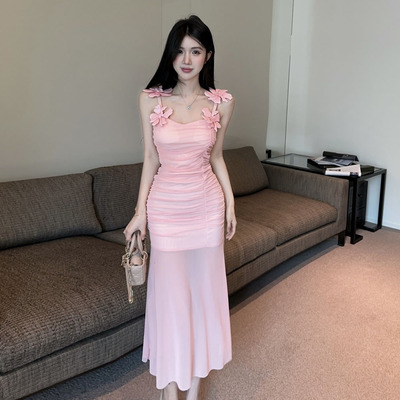18YX7928欧美2026跨境外贸批发欲辣妹长款花朵拼接网纱吊带连衣裙