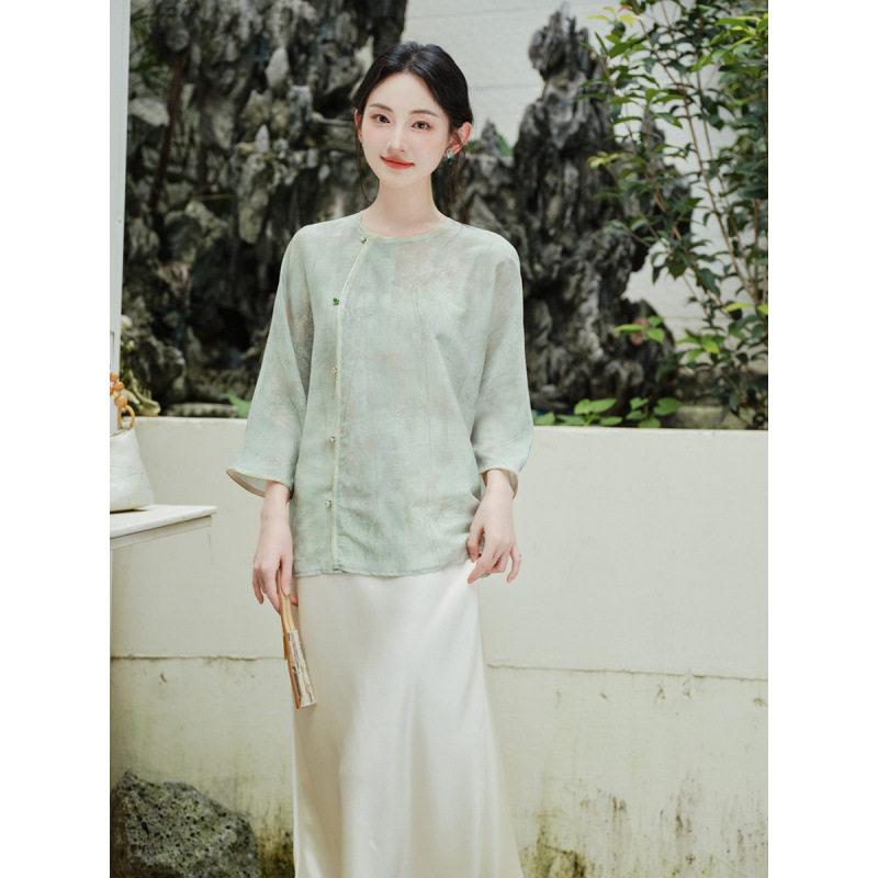 新中式国风禅意茶服套装女夏斜襟圆领七分袖上衣高腰半身裙两件套