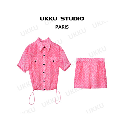 【UKKU STUDIO】夏季时尚透气运动休闲短款短袖潮牌女套装812037