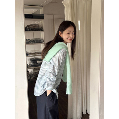 THXGIVING海边风盐系 竖条纹显瘦百搭纯棉衬衫女2026春款宽松上衣