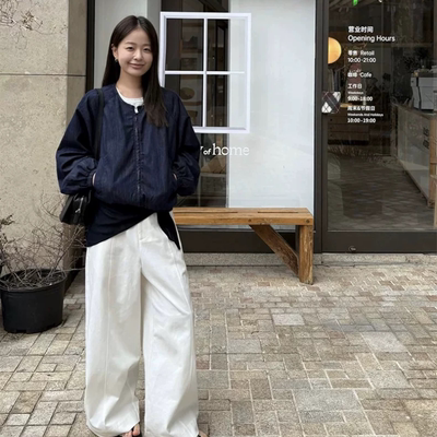 THXGIVING轻复古质感 圆领挂袋配饰宽松软牛仔夹克外套女2026春款