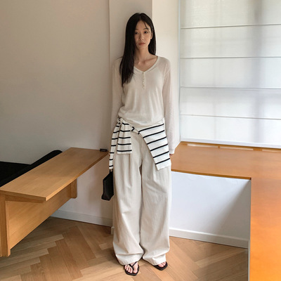 THXGIVING 韩系复古百搭高腰压褶宽松休闲裤女2025秋季新直筒长裤