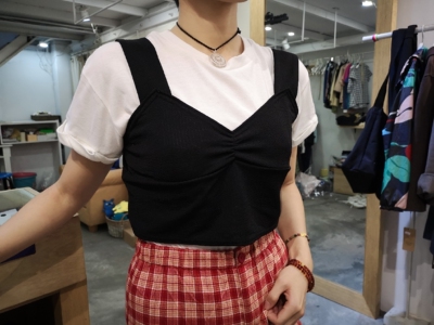 日本可爱蕾丝吊带打底T恤套装