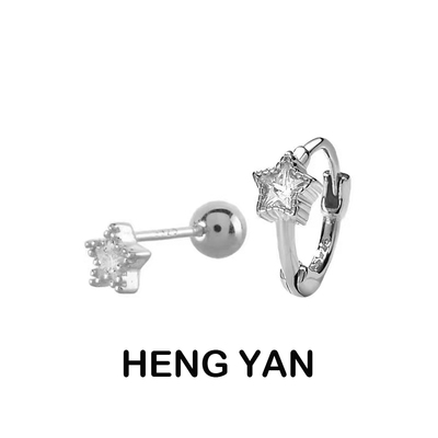 白色五角星两件套耳扣和耳骨钉百搭叠戴耳饰耳圈古风港风水钻洋气