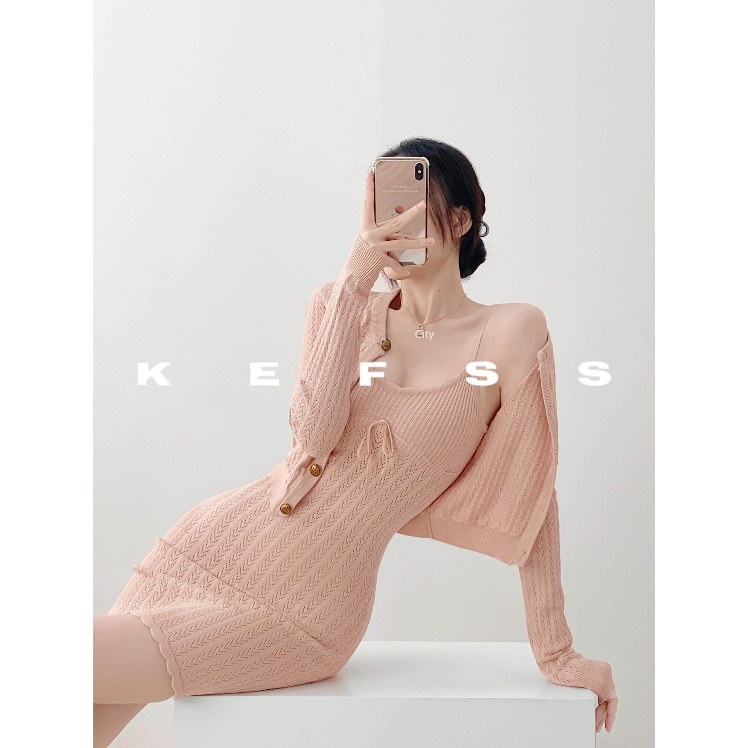 Rouje Kefss法式甜心慵懒镂空提花针织开衫修身收腰包臀吊带裙女