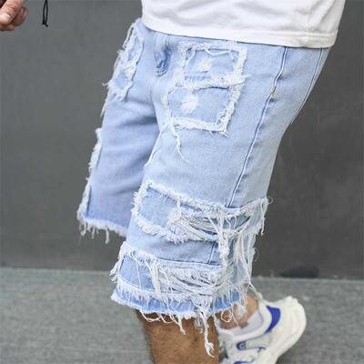 Men's Light Blue Distressed Ripped Knee Denim Shorts, Non-St