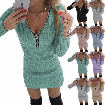 Women's zipper waist cinching long sleeved knitted hip
