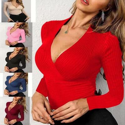 Women's Long Sleeve Wrap Top, Cross Front Low Cut Plain