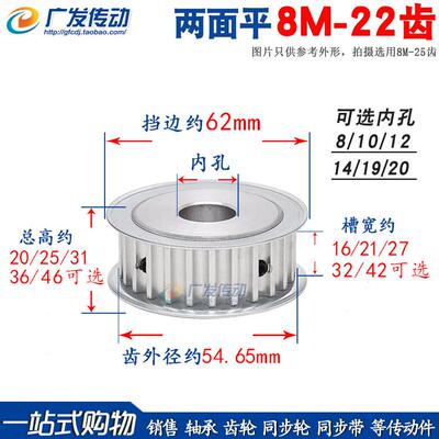 两面平 8M22齿/T 8M同步轮 AF型 槽宽32/40/42 内孔8-20mm