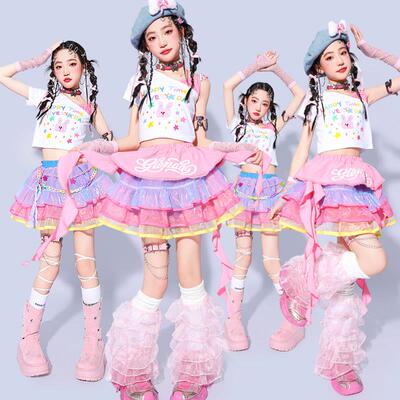 女童多巴胺粉色爵士舞演出服少儿jazz背心儿童街舞服装女孩走秀潮