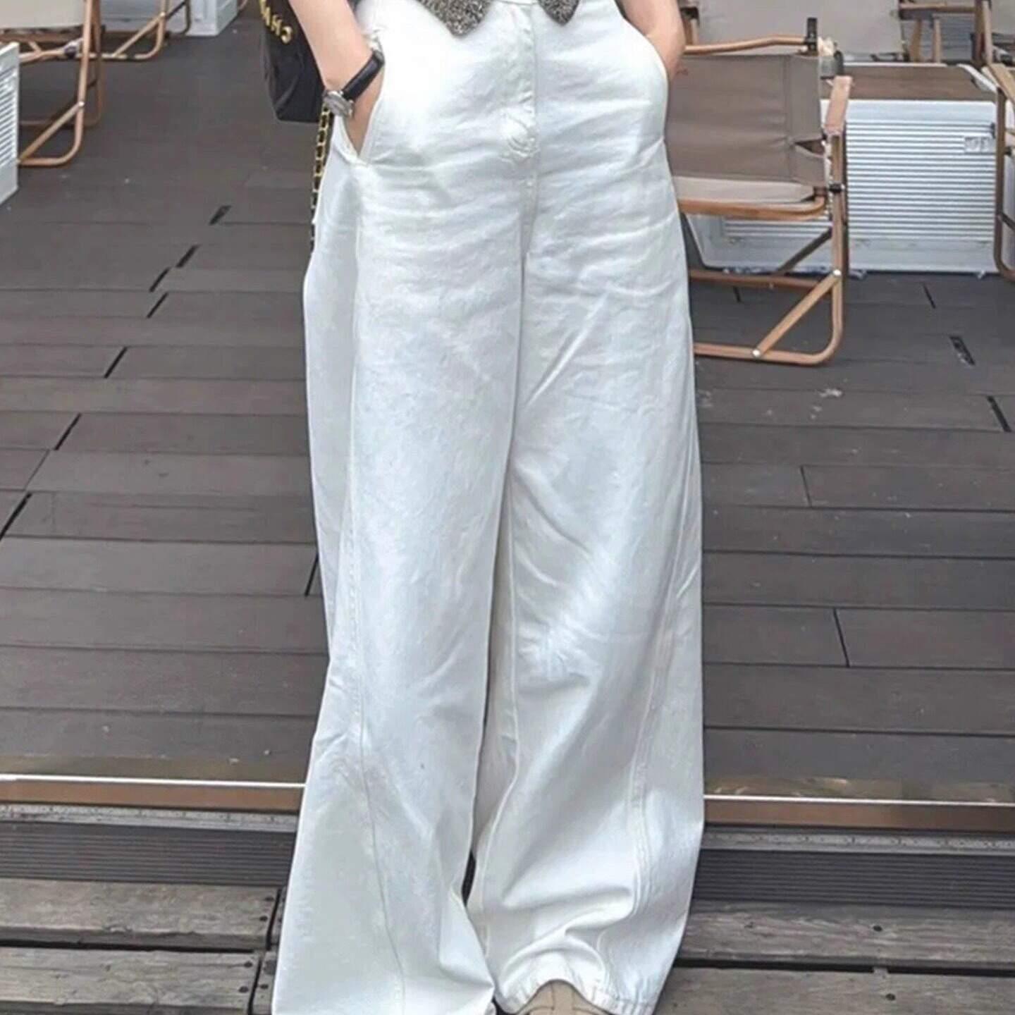 法式Rouje Runway亚麻阔腿裤女夏薄款白色冰丝速干凉感弯刀休闲裤